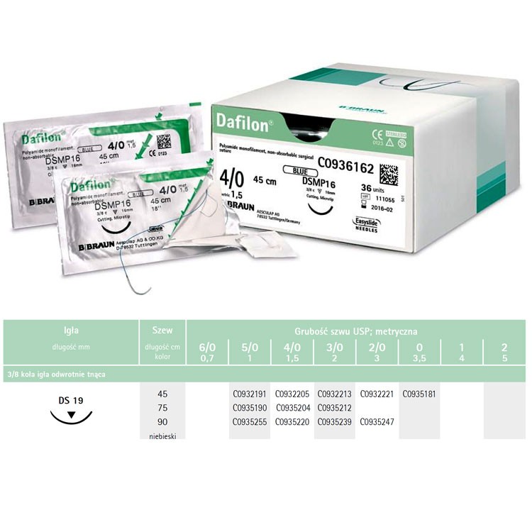 Dafilon nici chirurgiczne niewchłanialne niebieski 4/0 45cm ds19, 36szt ...